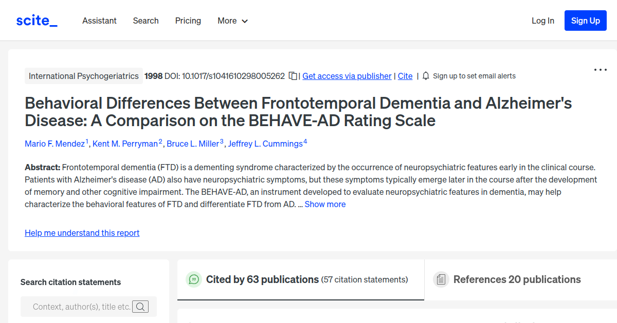 Behavioral Differences Between Frontotemporal Dementia and Alzheimer's Disease: A Comparison on ...