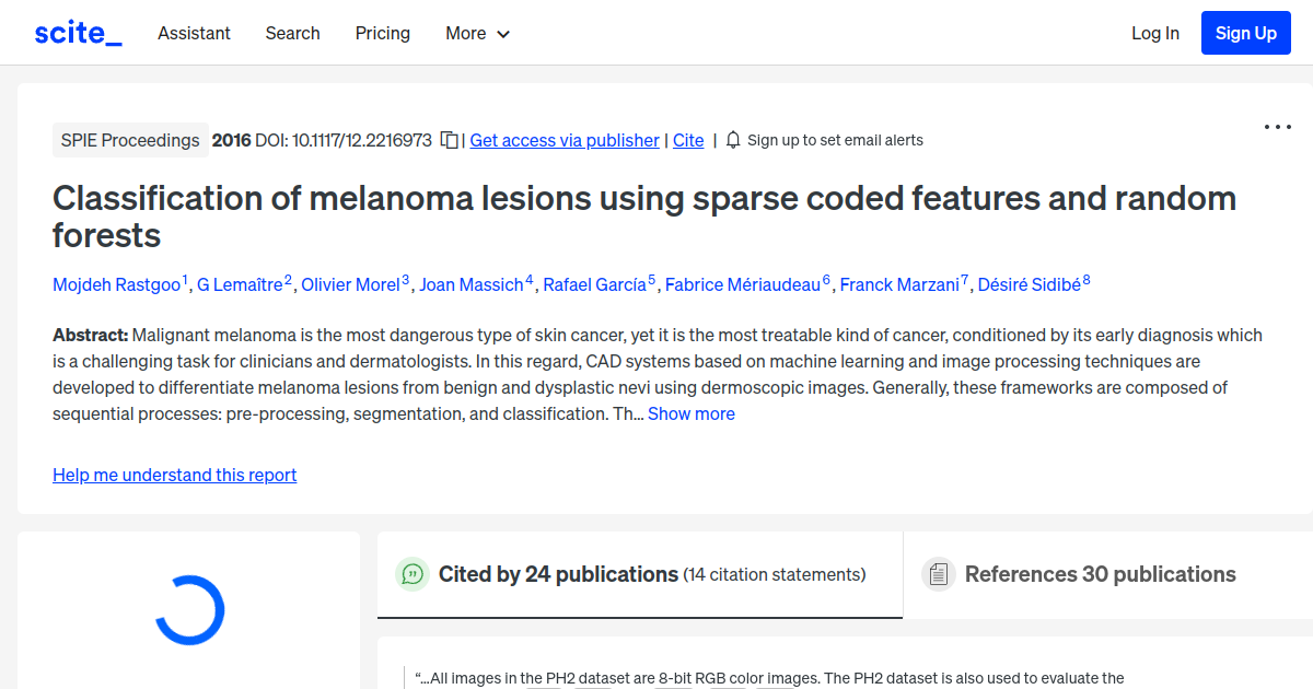 Classification of melanoma lesions using sparse coded features and random forests - [scite report]