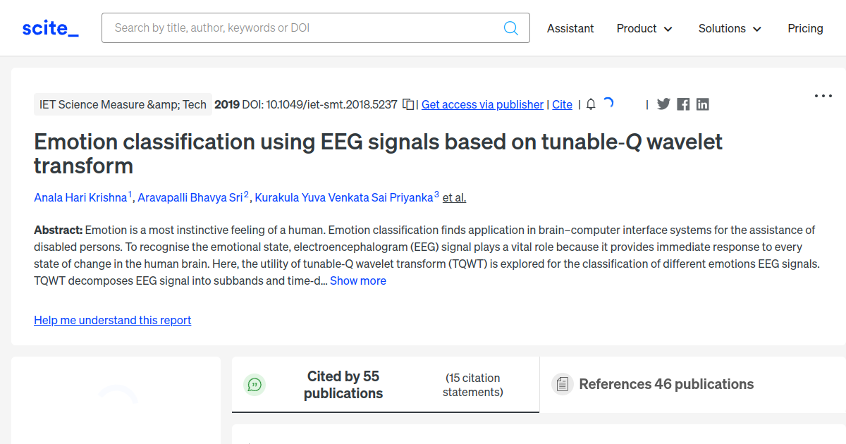 Emotion Classification Using Eeg Signals Based On Tunable‐ Q Wavelet Transform [scite Report]