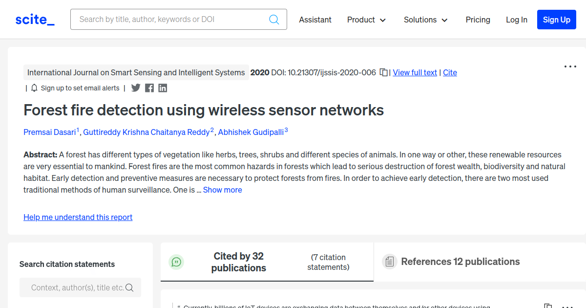 Forest Fire Detection Using Wireless Sensor Networks [scite Report]