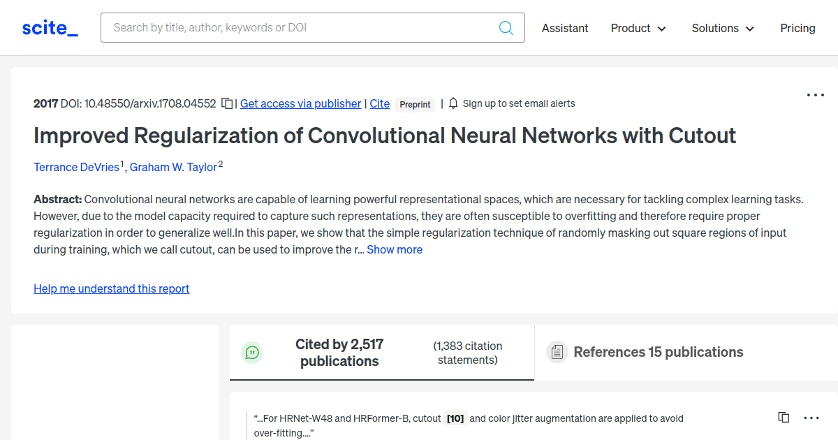 Improved Regularization Of Convolutional Neural Networks With Cutout 