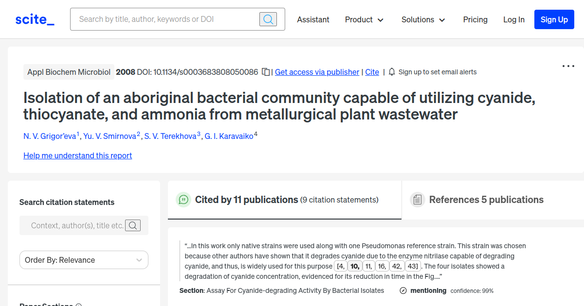 [citation Report] Isolation Of An Aboriginal Bacterial Community Capable Of Utilizing Cyanide