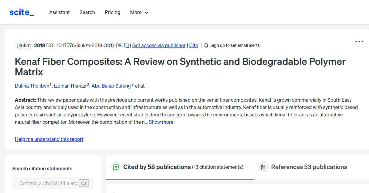 Kenaf Fiber Composites A Review On Synthetic And Biodegradable Polymer Matrix [scite Report]