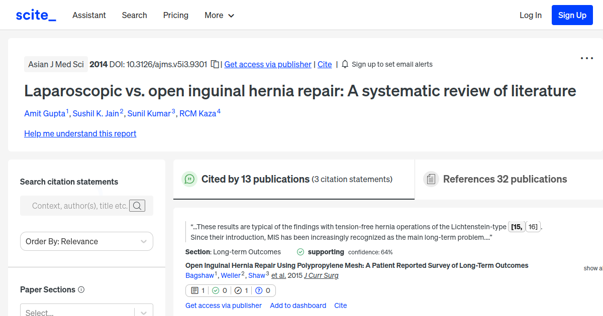 Laparoscopic vs. open inguinal hernia repair: A systematic review of literature - [scite report]