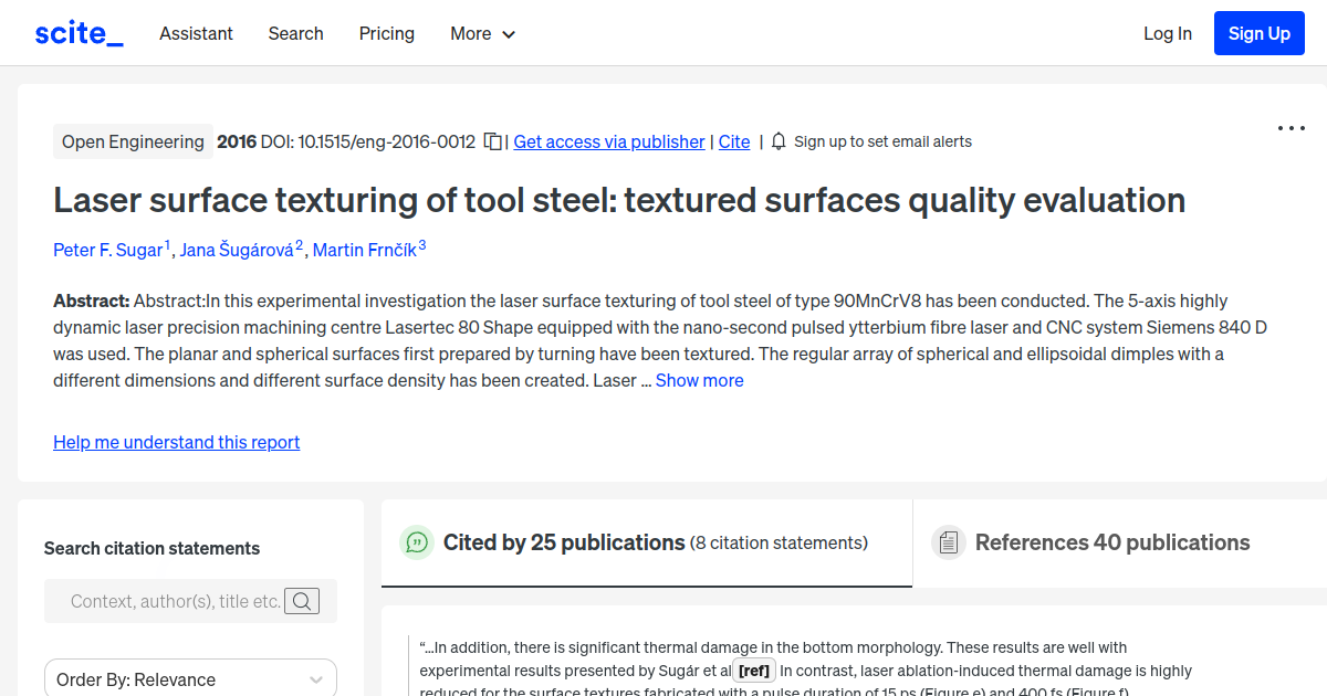 Laser Surface Texturing Of Tool Steel Textured Surfaces Quality Evaluation [scite Report]