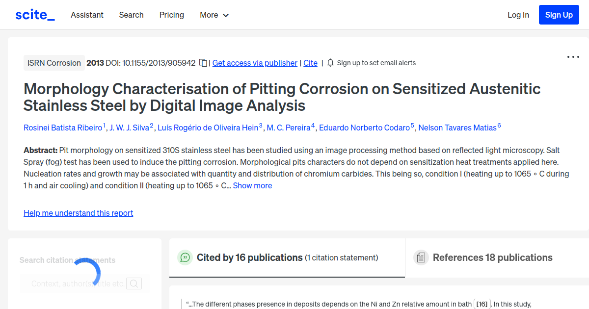 [citation report] Morphology Characterisation of Pitting Corrosion on Sensitized Austenitic ...