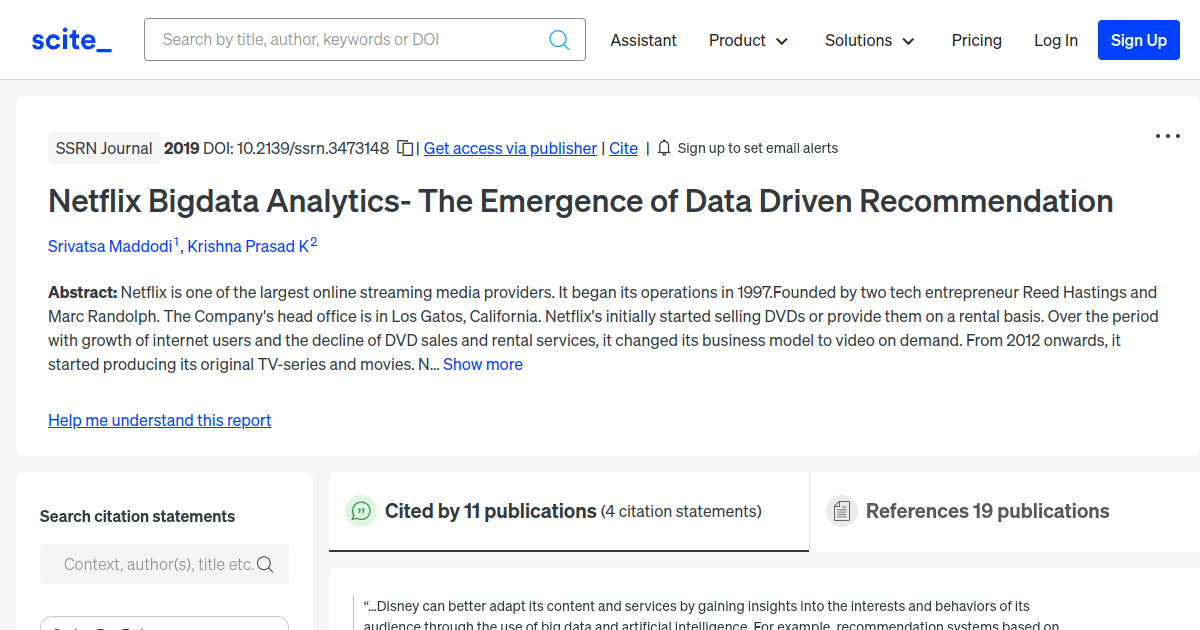Citation Report Netflix Bigdata Analytics The Emergence Of Data