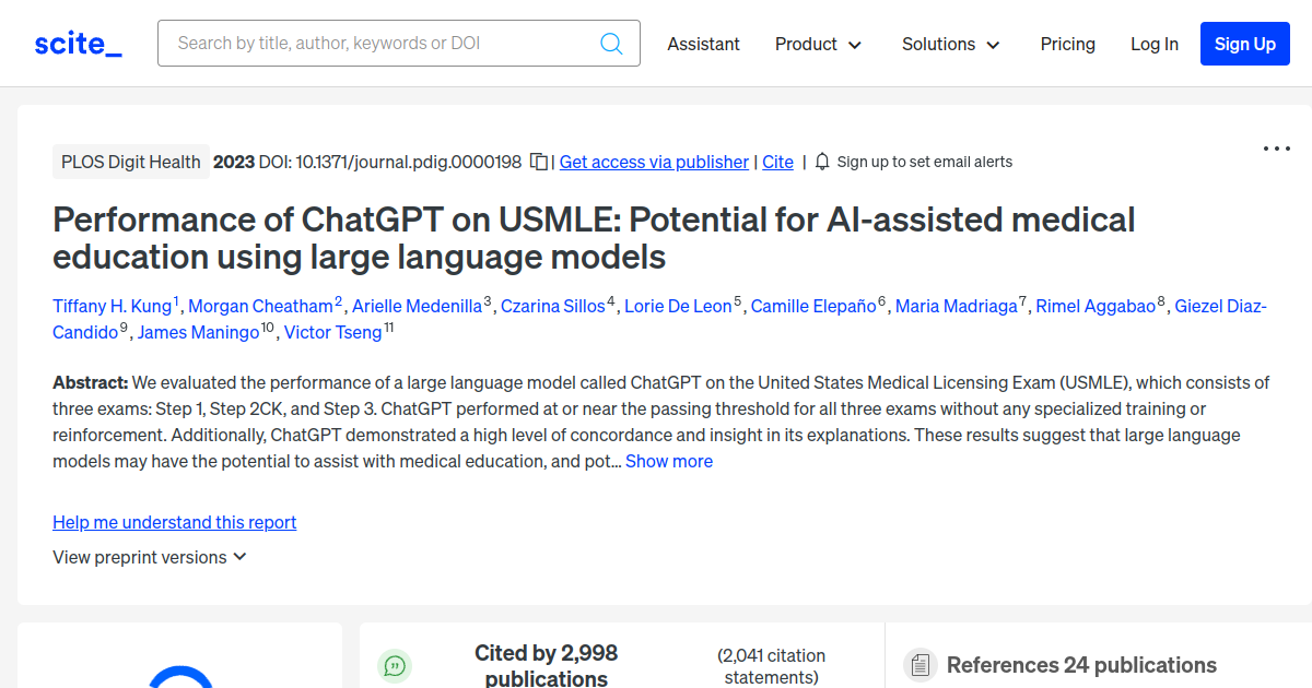 Performance Of Chatgpt On Usmle Potential For Ai Assisted Medical