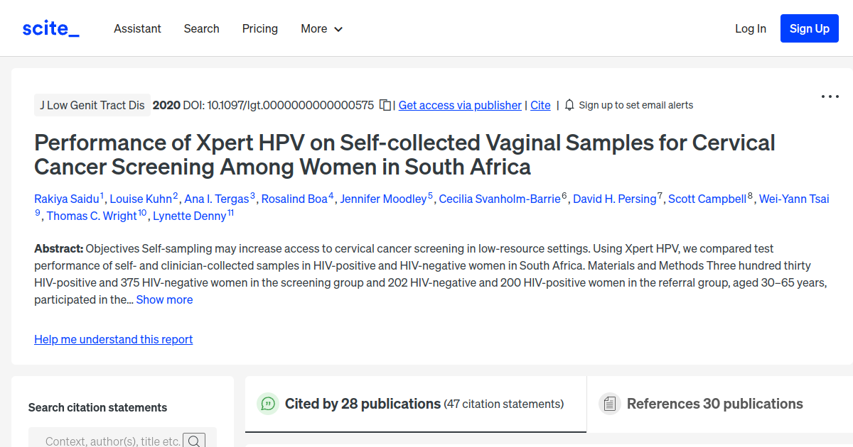 [citation report] Performance of Xpert HPV on Self-collected Vaginal Samples for Cervical Cancer ...