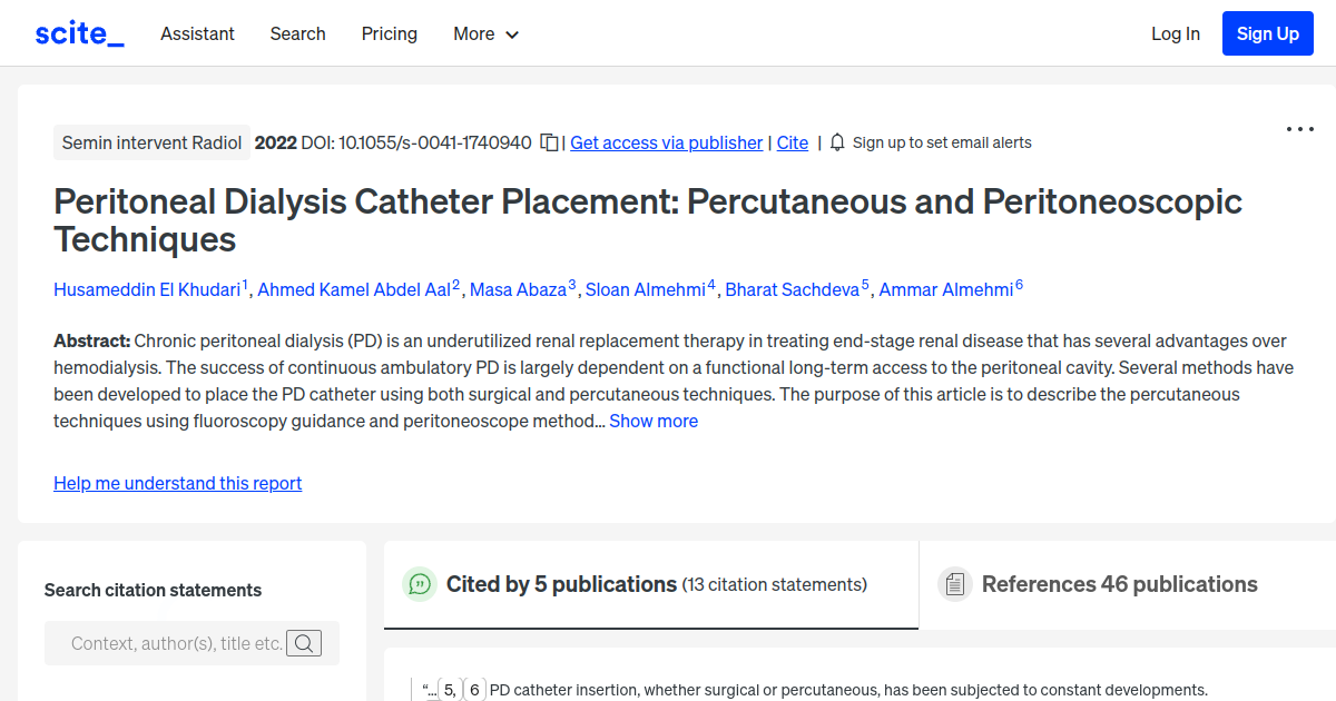 Peritoneal Dialysis Catheter Placement: Percutaneous and Peritoneoscopic Techniques - [scite report]