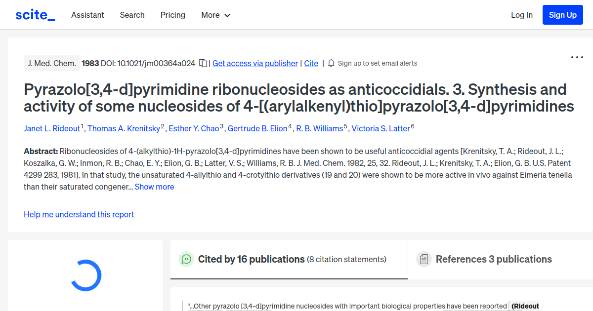 Pyrazolo[3,4-d]pyrimidine ribonucleosides as anticoccidials. 3. Synthesis and activity of some ...