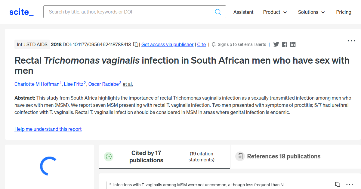 Rectal Trichomonas Vaginalis Infection In South African Men Who Have Sex With Men Scite Report