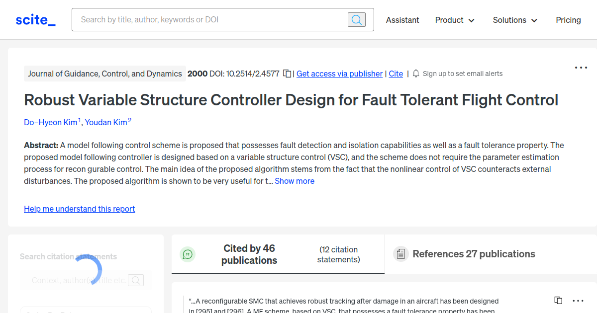 Citation Report Robust Variable Structure Controller Design For Fault Tolerant Flight Control