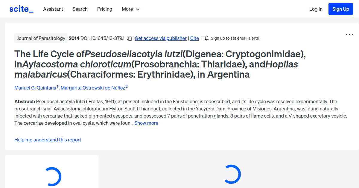 The Life Cycle of Pseudosellacotyla lutzi (Digenea: Cryptogonimidae), in Aylacostoma chloroticum ...