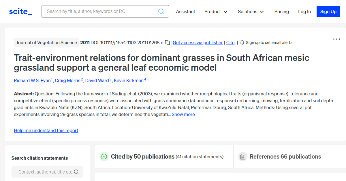 Trait Environment Relations For Dominant Grasses In South African Mesic Grassland Support A 