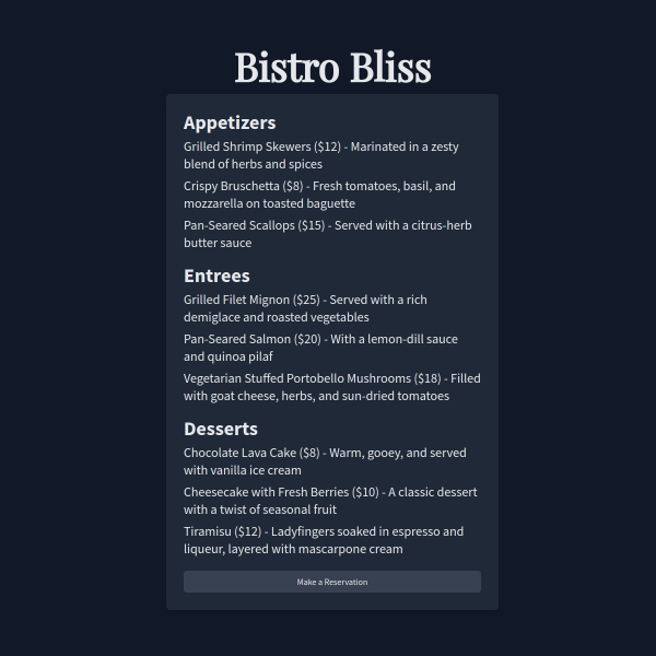 Bistro Bliss Restaurant Menu