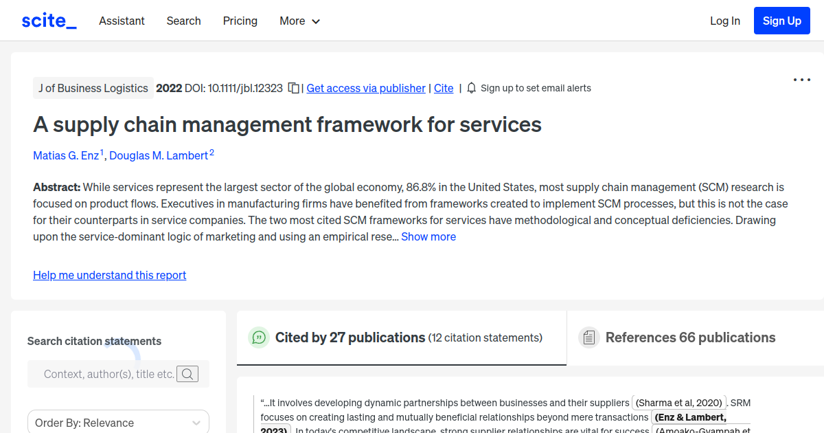 A supply chain management framework for services - [scite report]