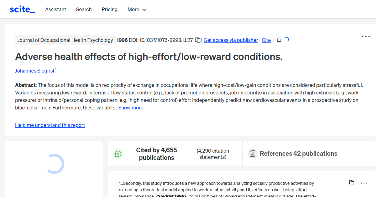 Adverse health effects of high-effort/low-reward conditions. - [scite ...
