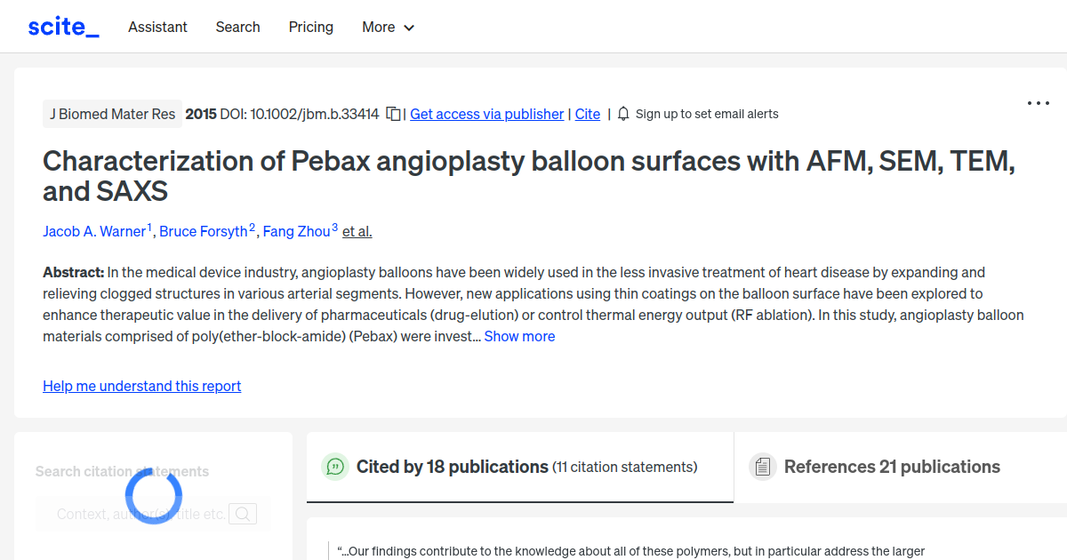Characterization of P ebax angioplasty balloon surfaces with AFM , SEM ...