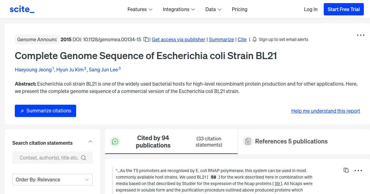 Complete Genome Sequence of Escherichia coli Strain BL21