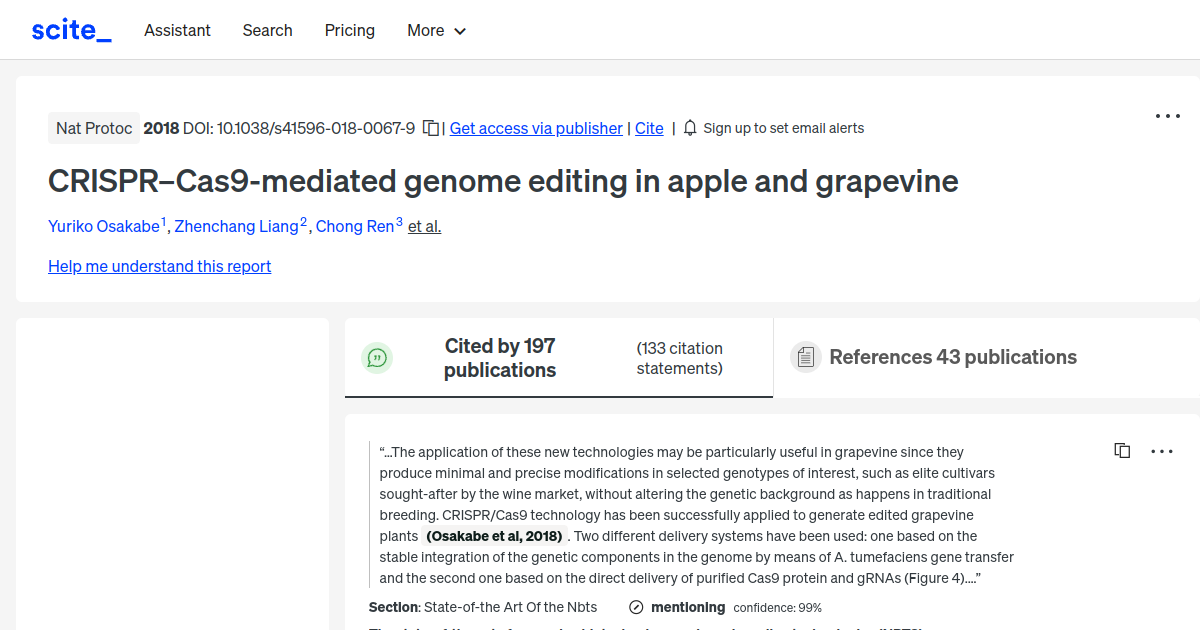 CRISPR–Cas9-mediated genome editing in apple and grapevine