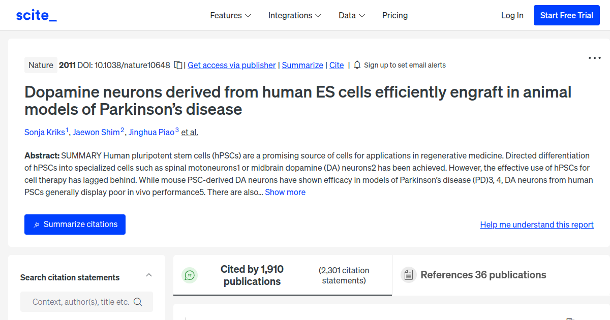Dopamine neurons derived from human ES cells efficiently engraft in ...