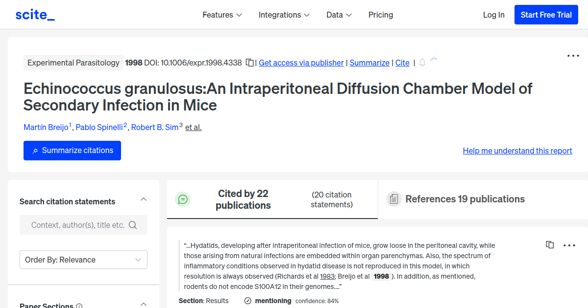 [citation report] Echinococcus granulosus:An Intraperitoneal Diffusion ...