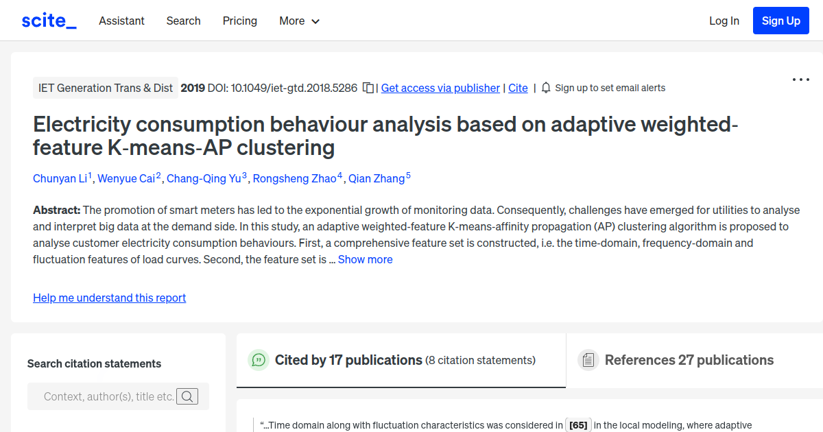 [citation report] Electricity consumption behaviour analysis based on ...