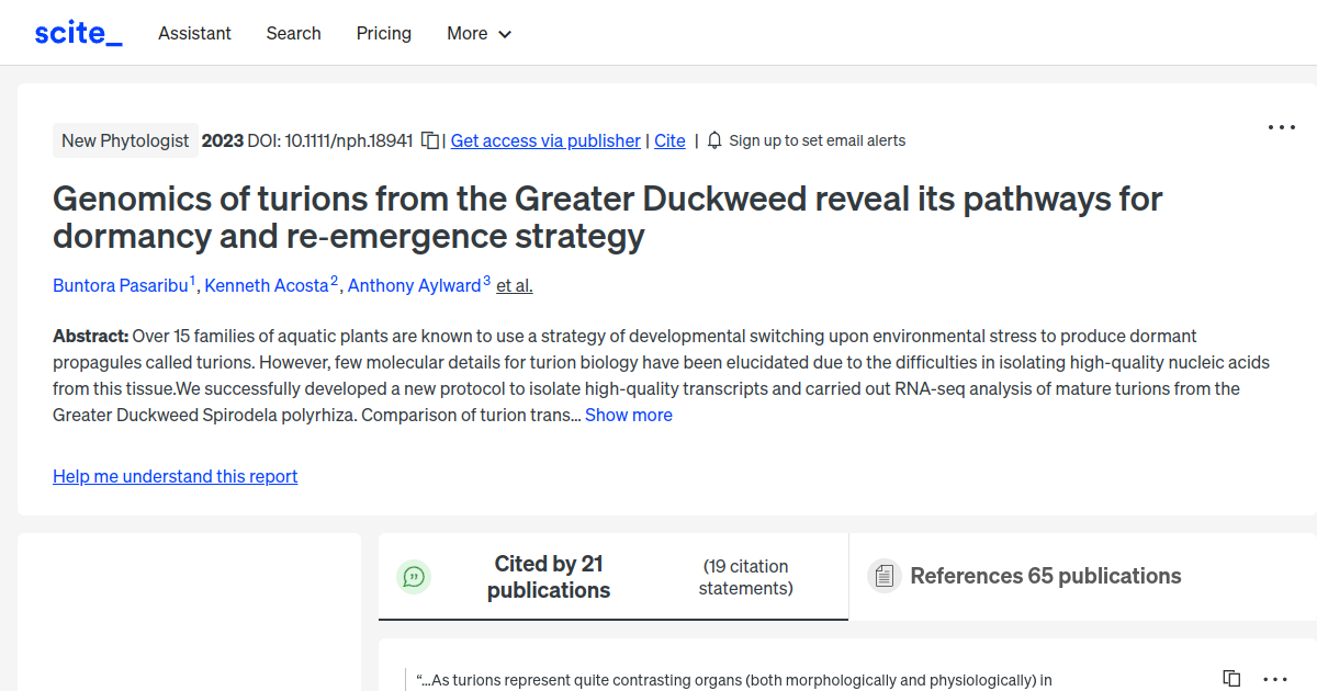 [citation report] Genomics of turions from the Greater Duckweed reveal ...