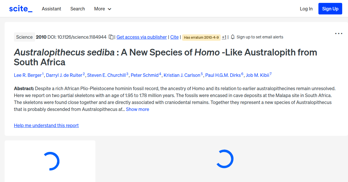 Australopithecus sediba : A New Species of Homo -Like Australopith from ...