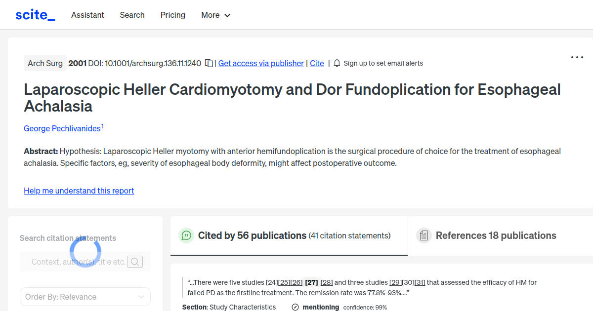 [citation report] Laparoscopic Heller Cardiomyotomy and Dor ...