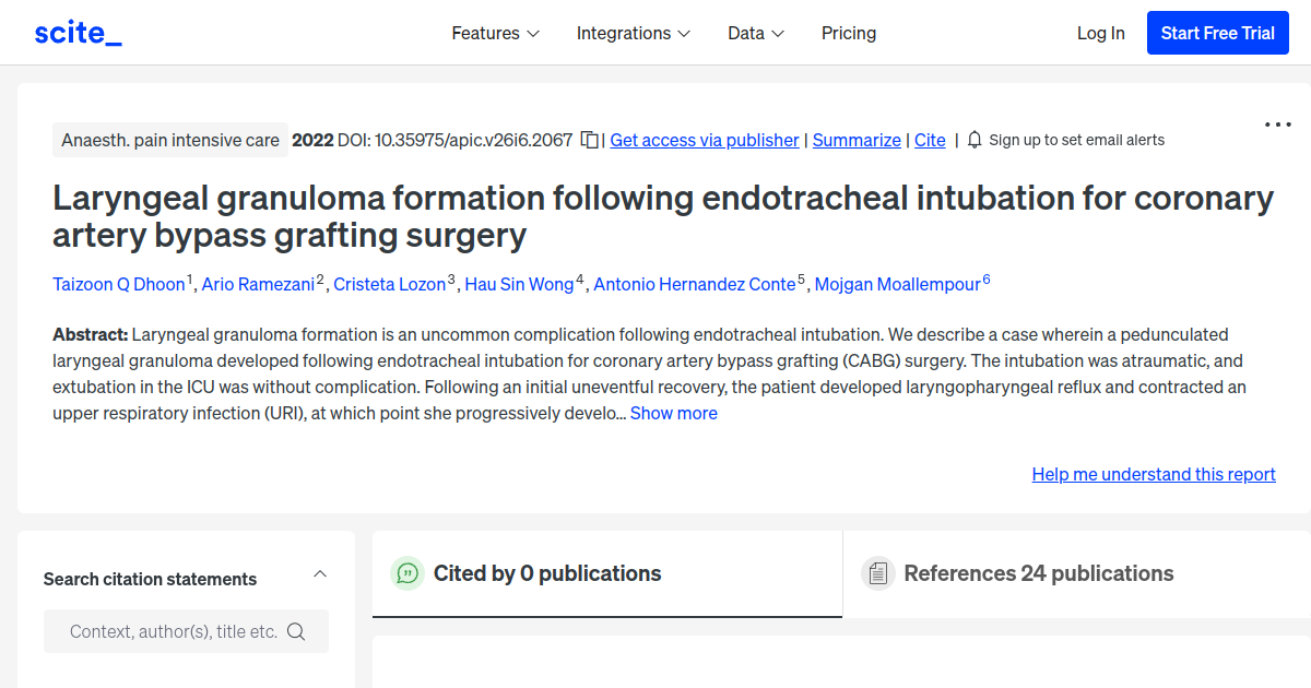 Laryngeal granuloma formation following endotracheal intubation for ...