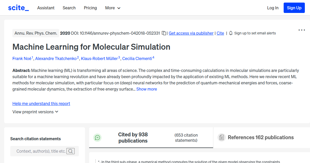 Machine Learning for Molecular Simulation - [scite report]