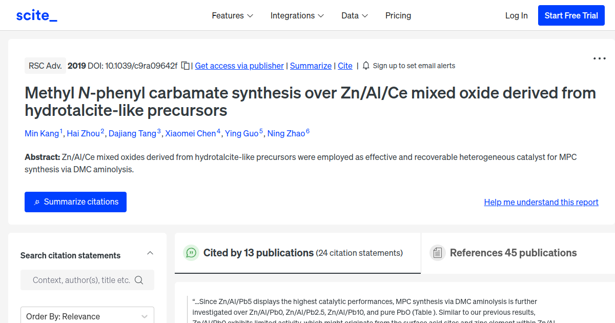 Methyl N -phenyl carbamate synthesis over Zn/Al/Ce mixed oxide derived ...