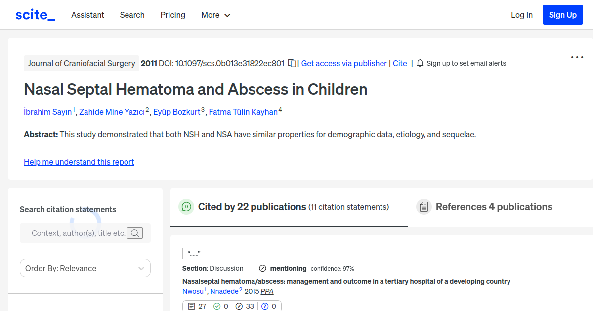 Nasal Septal Hematoma and Abscess in Children - [scite report]