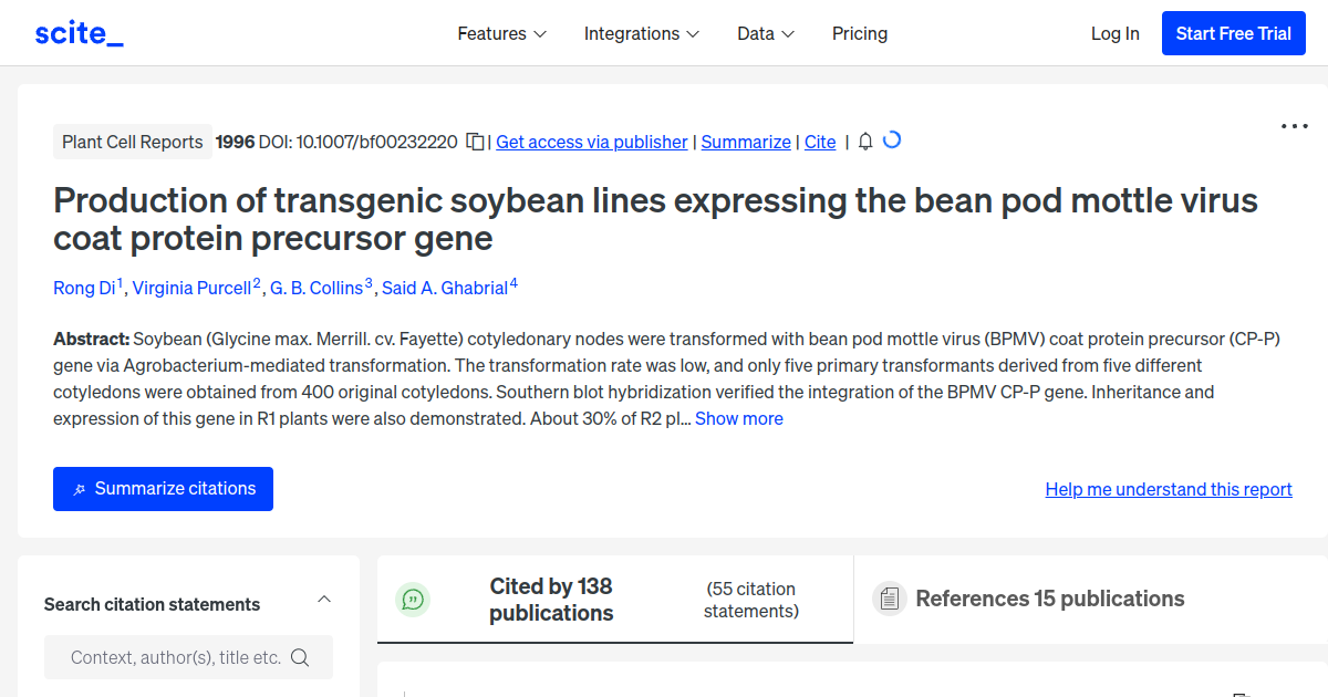 Production of transgenic soybean lines expressing the bean pod mottle ...