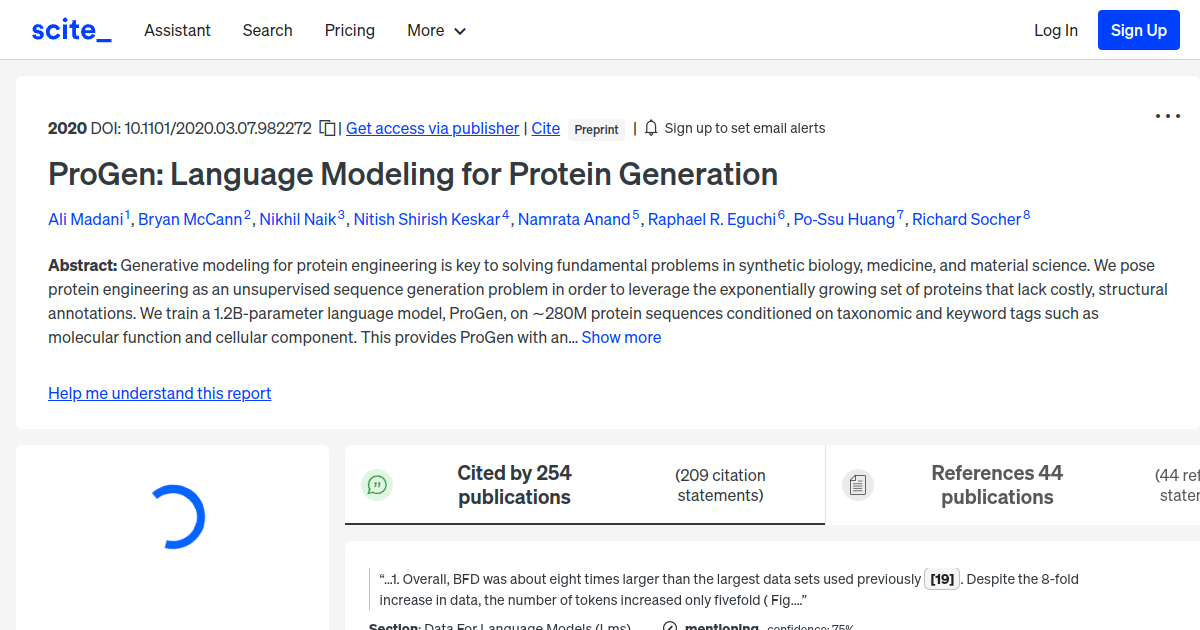 ProGen: Language Modeling for Protein Generation - [scite report]