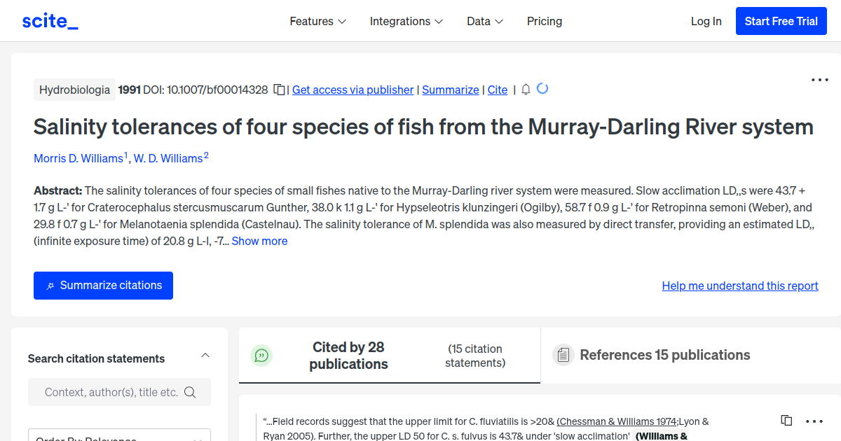 Salinity tolerances of four species of fish from the Murray-Darling ...