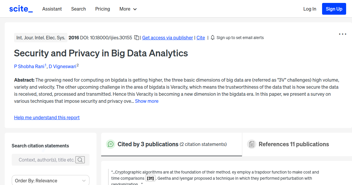 Security and Privacy in Big Data Analytics - [scite report]