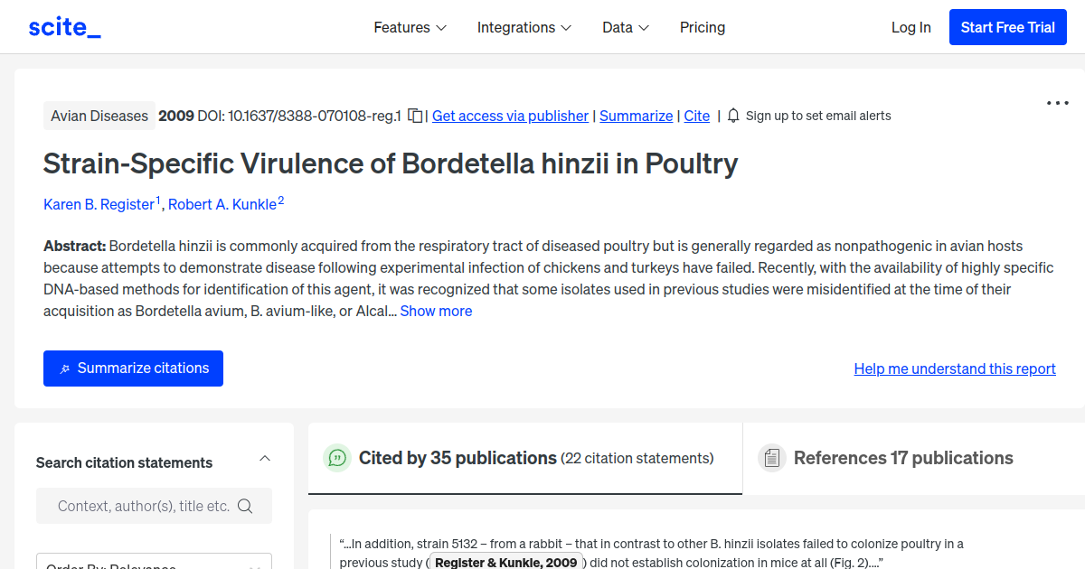 Strain-Specific Virulence of Bordetella hinzii in Poultry - [scite report]