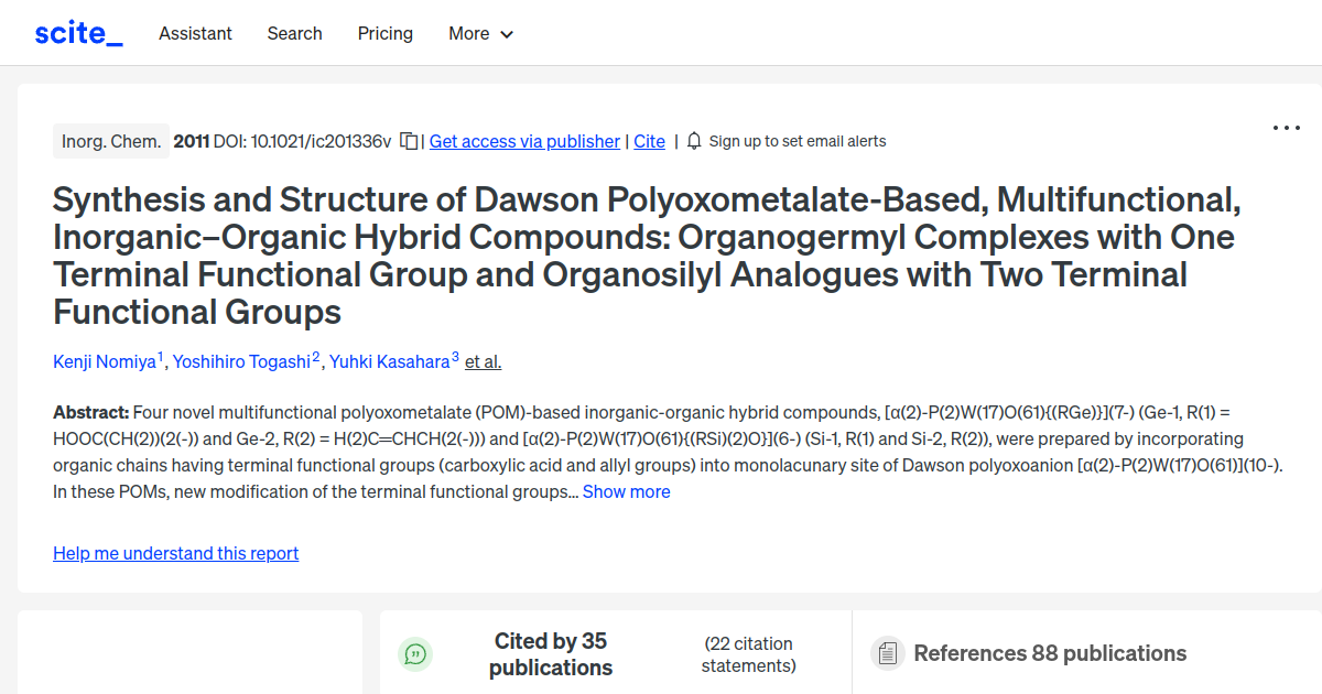 [citation report] Synthesis and Structure of Dawson Polyoxometalate ...