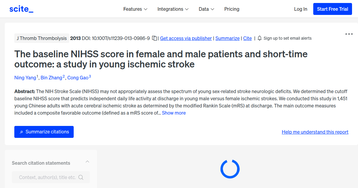 The baseline NIHSS score in female and male patients and short-time ...