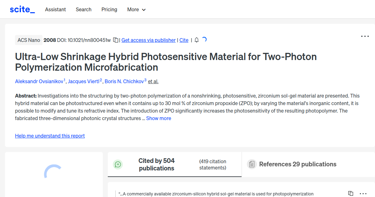 Ultra-Low Shrinkage Hybrid Photosensitive Material for Two-Photon ...