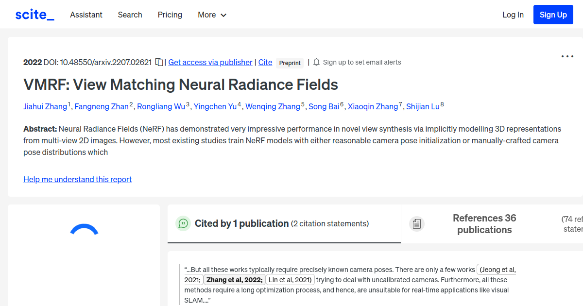 VMRF: View Matching Neural Radiance Fields - [scite report]