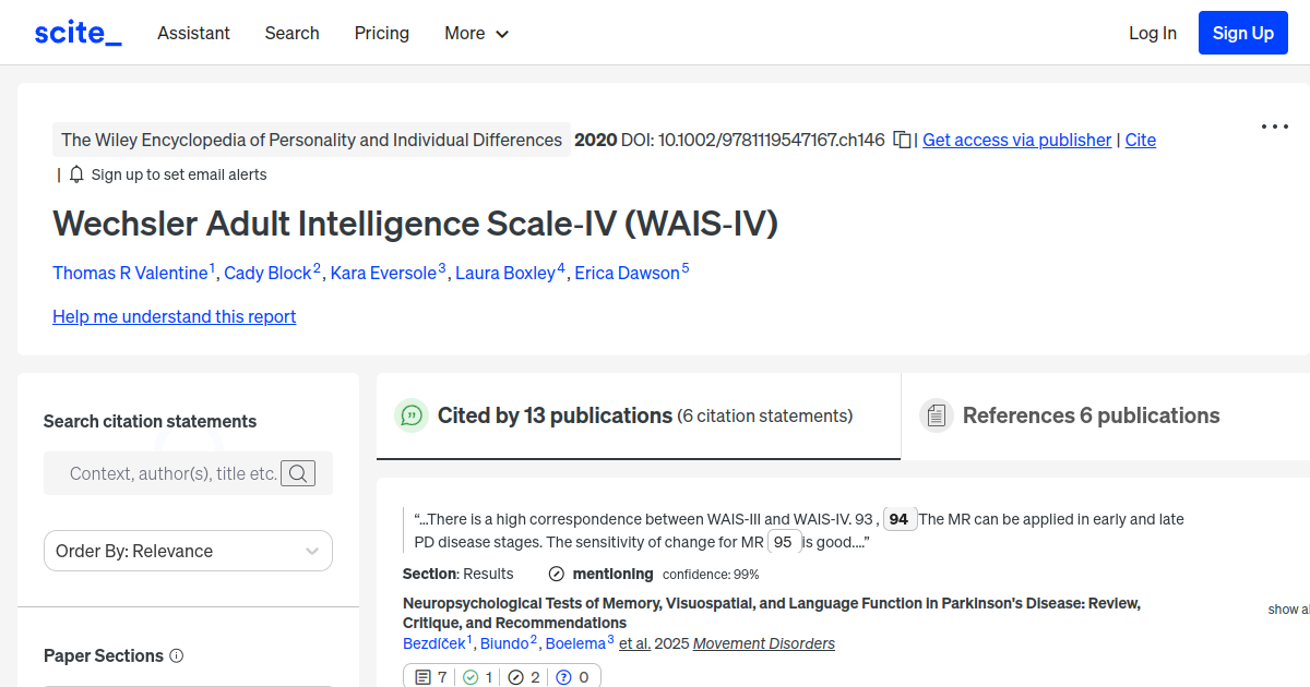 Wechsler Adult Intelligence Scale‐IV (WAIS‐IV) - [scite report]