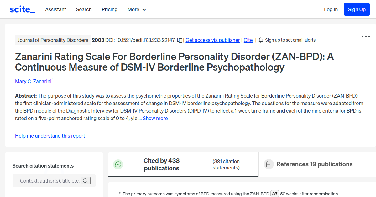 Zanarini Rating Scale For Borderline Personality Disorder (ZAN-BPD): A ...