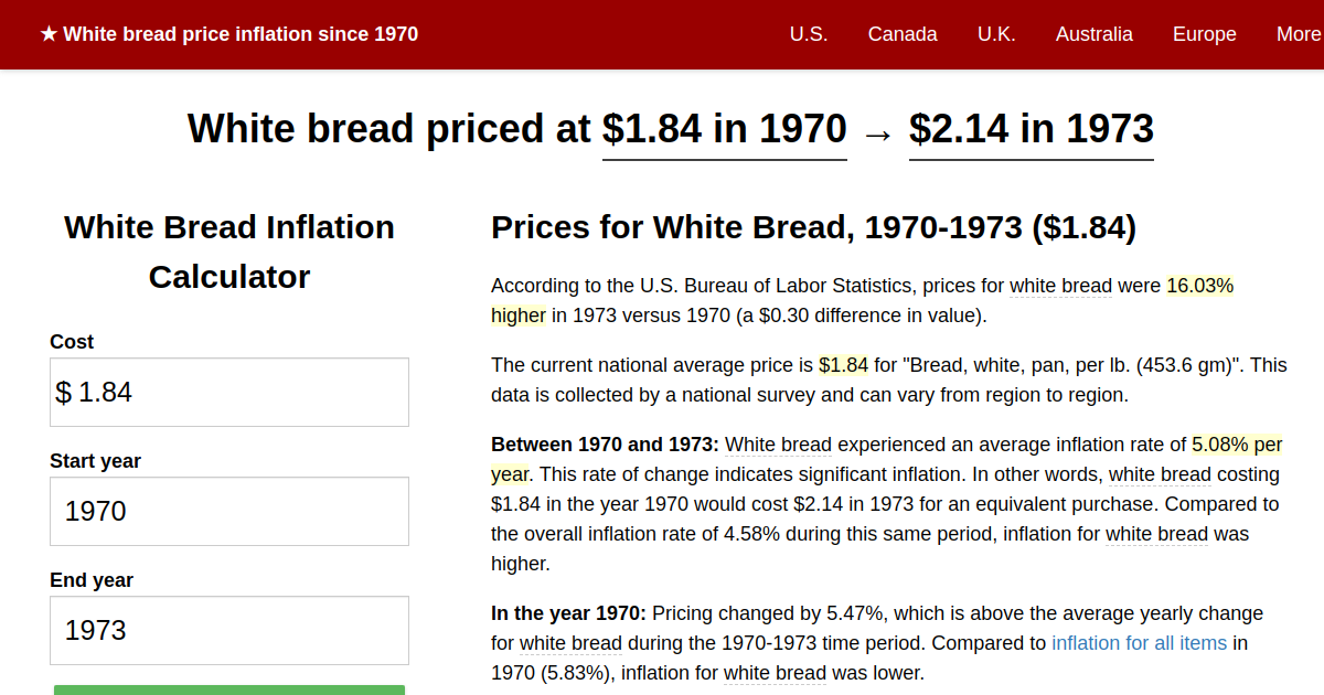 White bread price inflation, 1970→1973