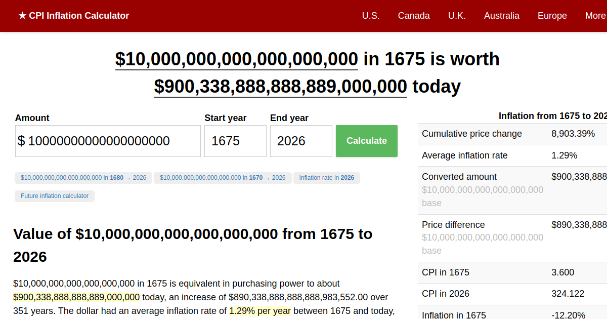 $10,000,000,000,000,000,000 in 1675 → 2025 | Inflation Calculator