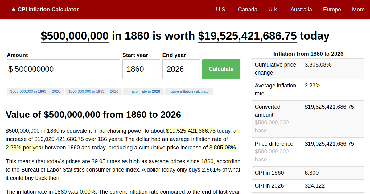 $500,000,000 in 1860 → 2024 | Inflation Calculator