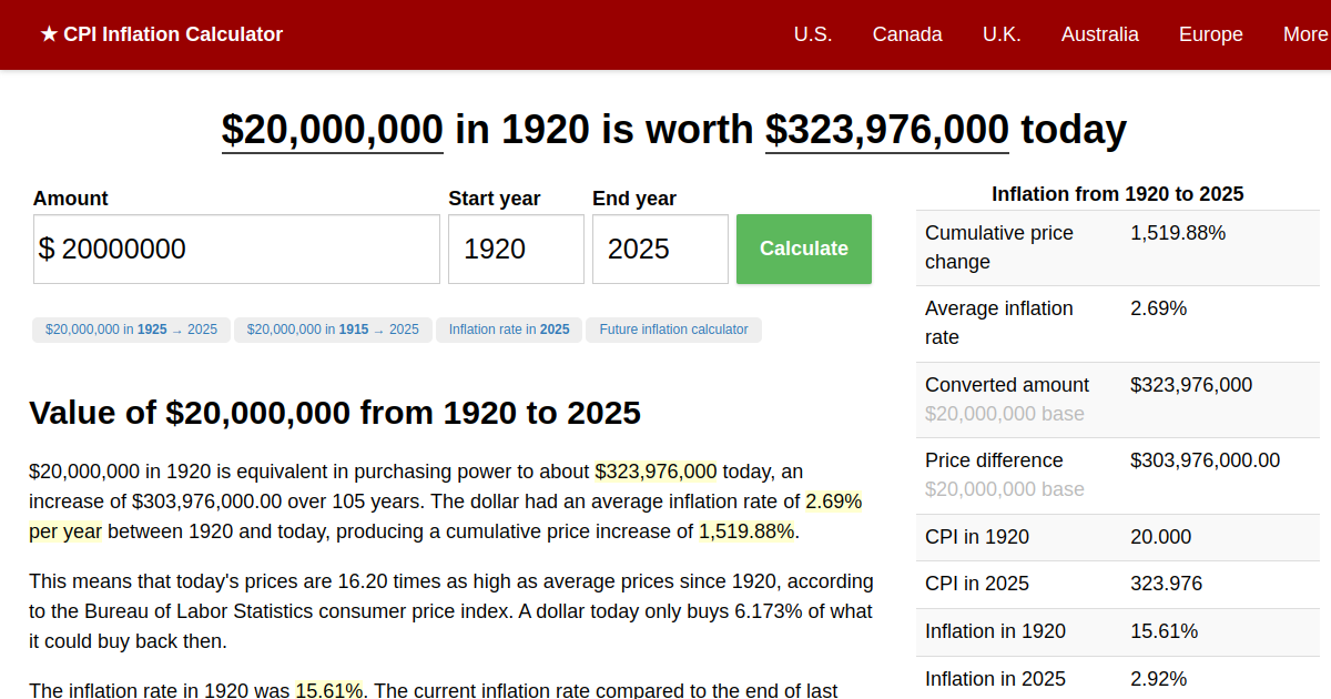 $20,000,000 in 1920 → 2025 | Inflation Calculator
